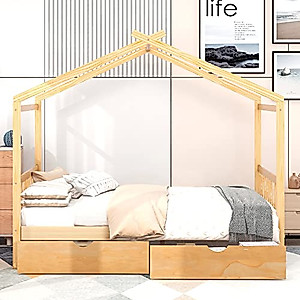 RUNWON Full Size House Platform Bed with Two Drawers,Headboard and Footboard,Roof Design for Kids Adults Bedroom
