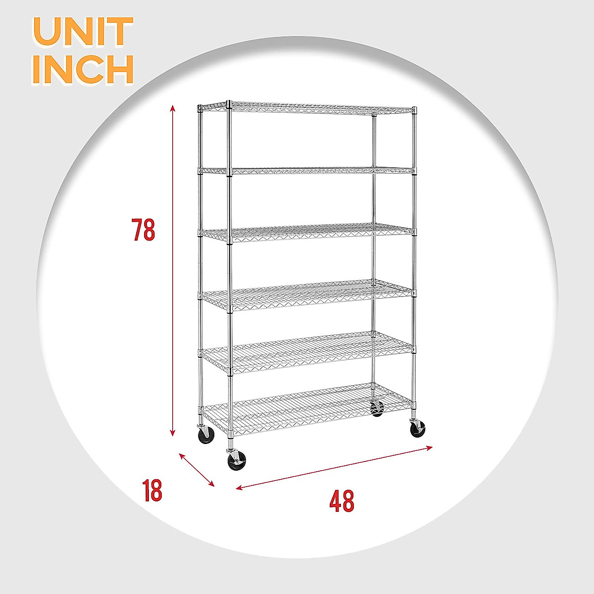 FDW 48 inch L×18 inch W×76 inch H Wire Shelving Unit Metal Shelf with 6 Tier Casters Adjustable Layer Rack Strong Steel for Restaurant Garage Pantry Kitchen Garage, Chrome