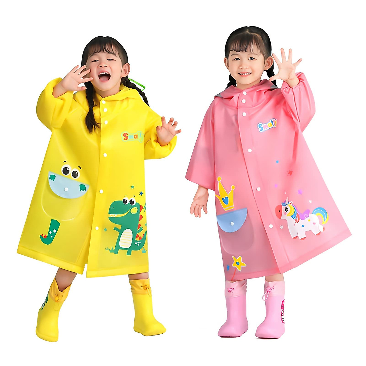 Kids Raincoat Boys Girls Rain Jacket Hooded Dinosaur Poncho Waterproof Coat Outdoor Sports,Yellow S, 2-3T