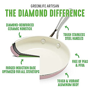 GreenLife Artisan Healthy Ceramic Nonstick, 12 Piece Cookware Pots and Pans Set, Stainless Steel Handle, PFAS-Free, Dishwasher Safe, Oven Safe, Soft Pink