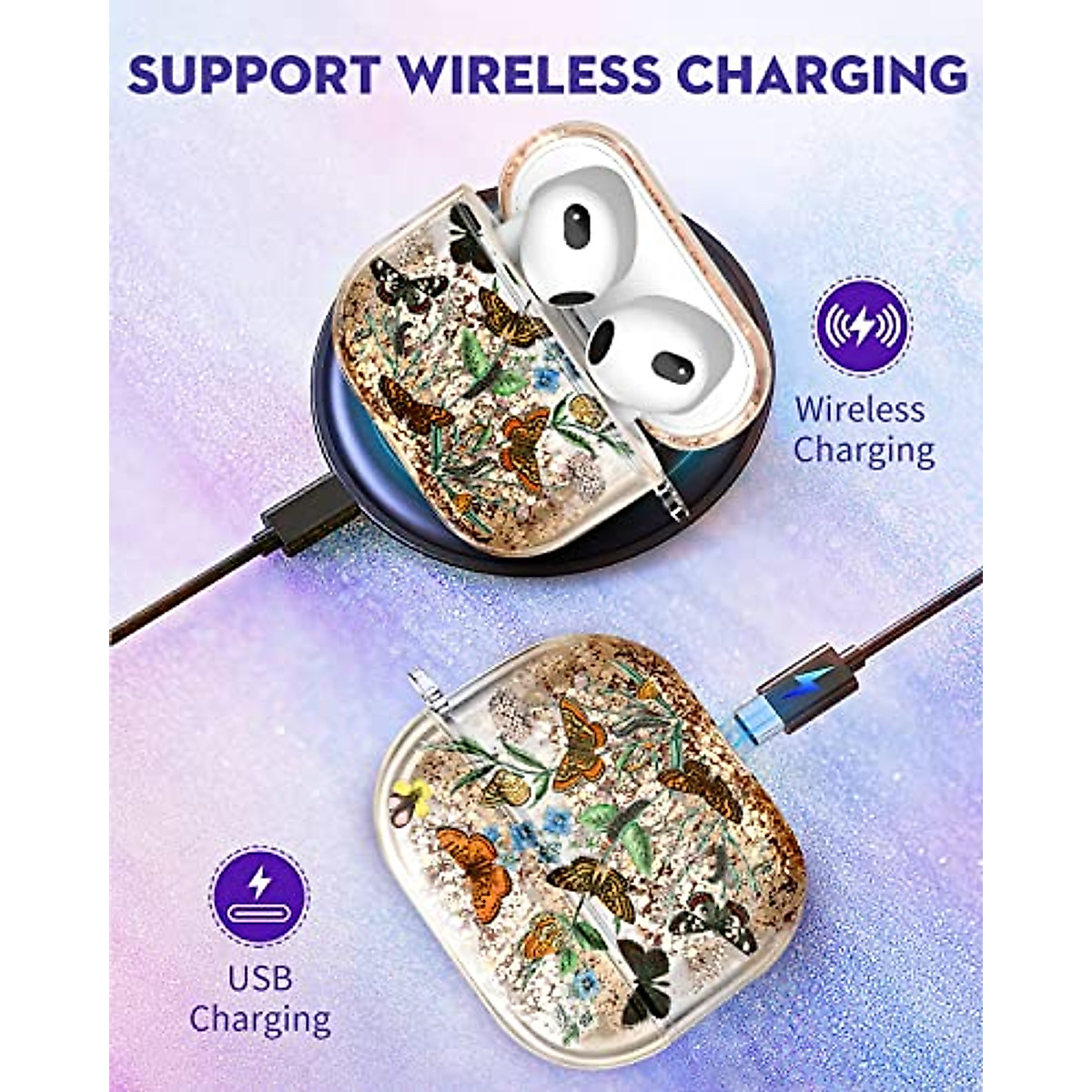 Kokaaee for Airpods 3rd Generation Case Women Cute Funda Cover Kawaii Aesthetic Girls Estuche Protector Keychain Girly Liquid Glitter Bling Sparkly Butterfly Design for Apple Air Pod Gen 3 Cases