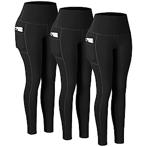 CHRLEISURE Leggings with Pockets for Women, High Waisted Tummy Control Workout Yoga Pants(3Packs 3Black, L)