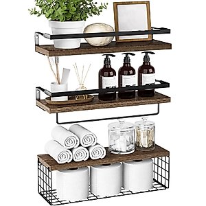 XHGUKC Towel Racks for Bathroom Wall Mounted,3PCS Floating Shelves with Storage Basket, Bathroom Organizers, Wall Mounted Rustic Wood Shelves for Bathroom, Bedroom, Living Room, Kitchen(Dark Brown)