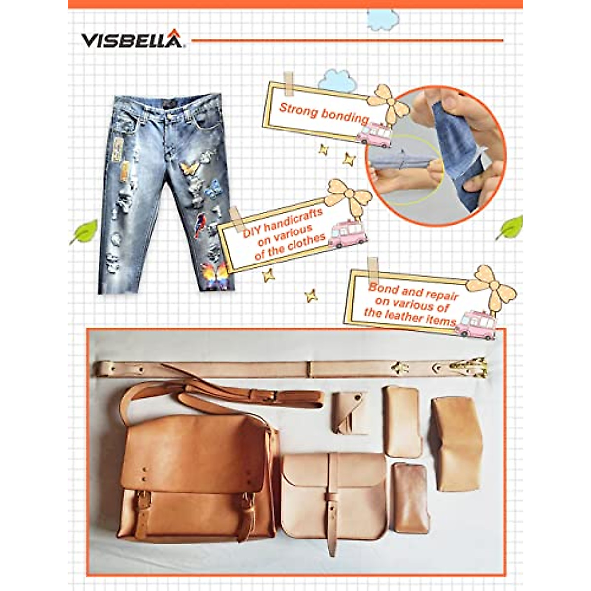 Visbella 1 Min Fast Drying Liquid Stitch Fabric Adhesive Glue Strong Bond Clear Drying Waterproof Sew Glue Permanent Washable for Repair, Make Patches on Clothes, Denim, Leather, Flannel, All Fabrics