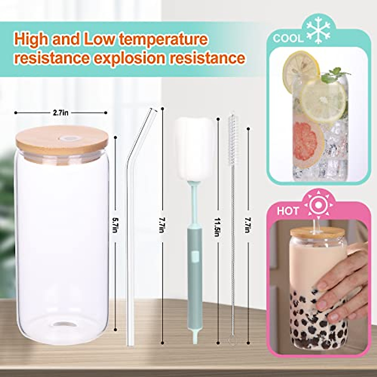 Glass Cups with Bamboo Lids and Straws 4pcs Set,16oz Wide Mouth Drinking Mason Glass Tumbler,Reusable Beer Cans Glasses,Iced Coffee Glass, Juice Boba Cup, Pearl Glass,Milk Cup -wih 2 Brushes