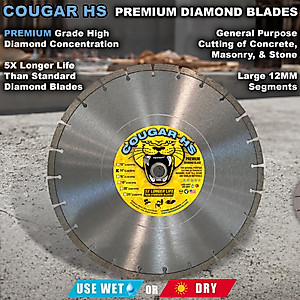 Delta Diamond Cougar HS 14 inch Diamond Blade, Premium, Segmented, General Purpose Dry or Wet Cutting of Concrete, Block, Paver, Brick (14" X 1"-20mm Arbor)