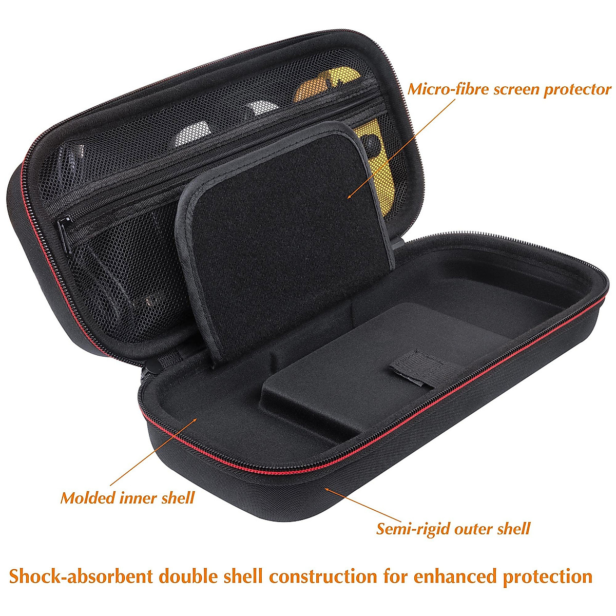 ButterFox Large Carrying Case for Hori Split Pad Compact, Fits Wall Charger, 10 Game Slot Holders (8 Physical + 2 digital), Compatible with Both Regular and OLED Switch - Black/Red