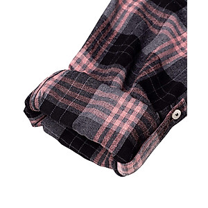 Alimens & Gentle Womens Plaid Flannel Shirts Long Sleeve Roll Up Casual Button Down Shirt Pink Grey