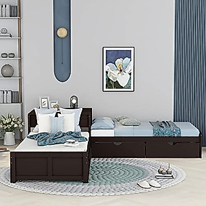 L Shaped Platform Bed with Trundle and Drawers Linked with Built-in Desk, Wooden Twin Bed Frame for 3 Kids Teens Adults, Espresso
