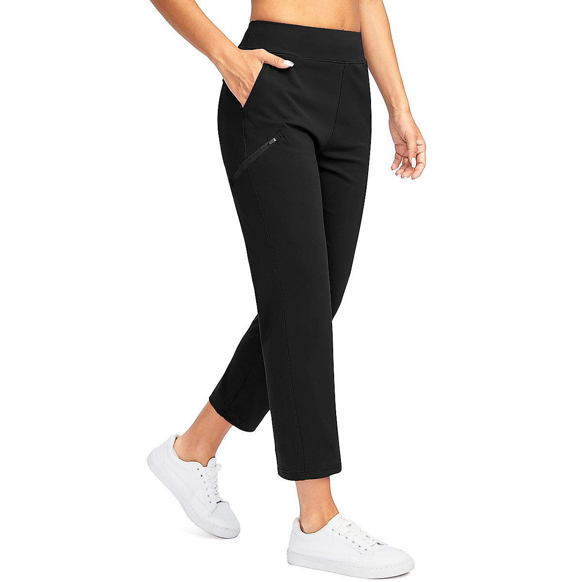 SANTINY Women's Golf Pants with 3 Zipper Pockets 7/8 Stretch High Waisted Ankle Pants for Women Travel Work (Black_M)