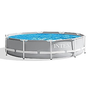 Intex 10 Feet Round Prism Metal Frame Above Ground Outdoor Backyard Swimming Family Pool for Kids and Adults ages 6 and Up, Gray