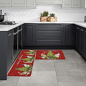 Merry Christmas Kitchen Mat Rug Set of 2 Gnome and Xmas Tree Red Background Runner Rug Anti-Fatigue Comfort Memory Foam Standing Mat Non-Slip Floor Door Mat for Bathroom Bedroom 18x30in+18x60in