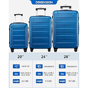 SunnyTour Hardside Luggage Sets with Tag, Luggage 3 Piece Set with Double Spinner Wheels, 28" Expandable Checked Luggage, Blue