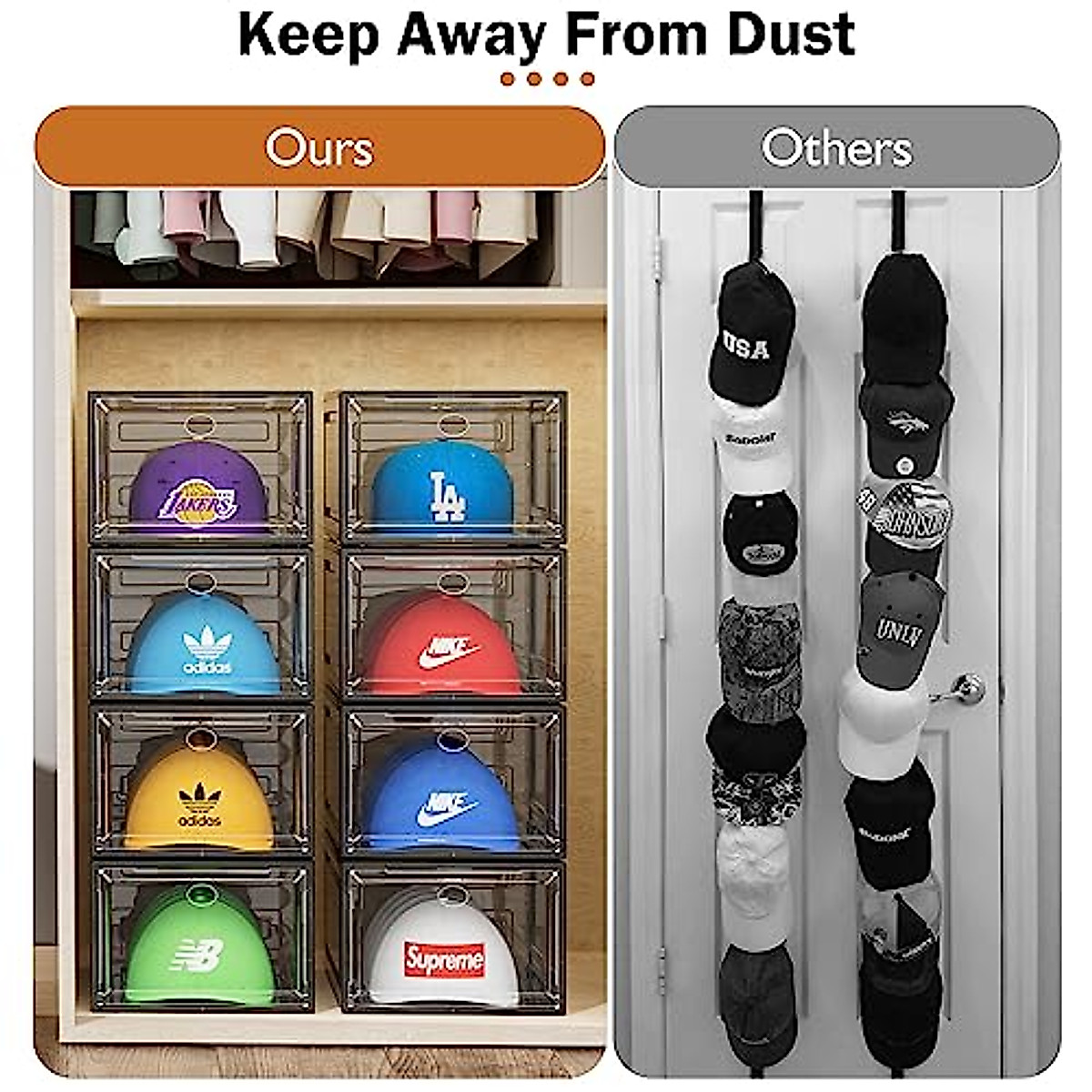 Hat Organizer Box Upgrade Harder Solid Plastic, 6 Pack Hat Organizer for Baseball Caps, Clear Hat Storage, Baseball Cap Organizer with Magnetic Door, Hat Rack, Hat Holder, Hat Case, Hat Box, White