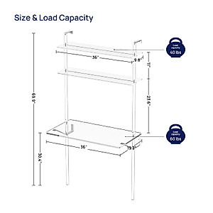 HMYHUM Acrylic Wall Mount Desk, Clear Ladder Desk with Open Shelves, Floating Desk for Laptop, Computer, Study, Writing, Vanity Table, Modern, 36" L x 19.7" W x 69.99" H