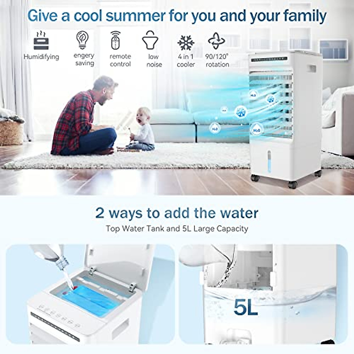 Evaporative Air Cooler,4-In-1 Portable Air Conditioners with 4 Modes 3 Speeds,5L Portable Air Conditioner with 7H Timer,Remote Control Quiet Swamp Cooler Air Conditioner Portable for Room,Home,Office