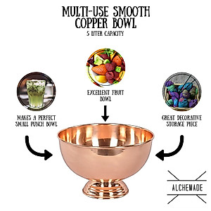 Alchemade 5 Liter 100% Copper Punch Bowl With Stand For Your Copper Kitchenware And Copper Dishware Collection - Perfect For Parties, Everyday Kitchen Use, Or As A Decorative Bowl