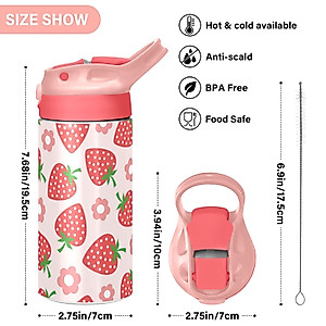 Children Insulated Water Bottles with Straw for School Kids Strawberry Cute Pink Stainless Steel Vacuum Double Wall Keeps Hot and Cold with Handles