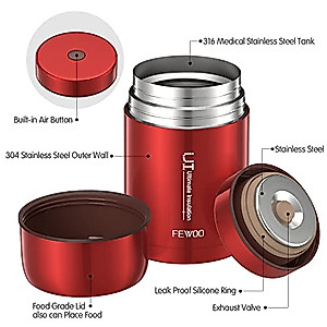 FEWOO Food Jar - 27oz Vacuum Insulated Stainless Steel Lunch Thermos, Leak Proof Soup Containers with bag for Hot or Cold Food (Red)