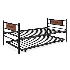 Giantex Metal Daybed with Trundle, Twin Size Day Bed with Wood Grain Headboard & Metal Slat Support, Space-Saving Trundle Sofa Bed for Living Room Guest Room, Easy Assembly, No Box Spring Needed