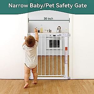 Mom's Choice Award Winner-BABELIO 27-30 Inch Narrow Easy Install Baby Gate, Fit for Small Stairs and Doorways,Pressure Mounted Safety Gate with Door for Child and Pets,NO Extensions,White