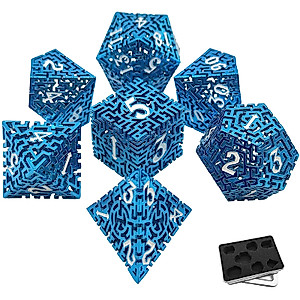 DND Polyhedral Hollow Metal Dice Set RPG Maze Design D&D Dungeons and Dragons D and D MTG Weighted Pathfinder Board Game D4 D6 D8 D10 D% D12 D20 (with Free Metal Storage Box) Dice-Blue