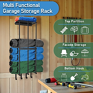 PUMHUBO Camping Chair Wall Storage for Garage - Metal Beach Lawn Chair Rack, Garage Storage and Organization Shelves, Wall Mounted Umbrella Storage Rack Holder with Floating Shelf and 4 Hooks Black