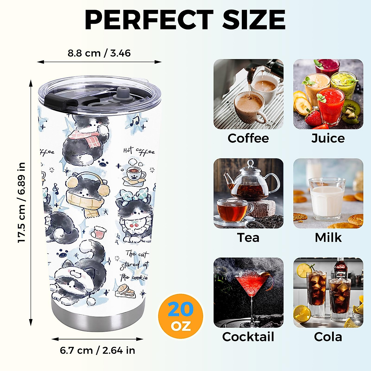 LATTPLYN Cat Lover Gift, Cat Tumbler for Women Men Kids, 20 oz Stainless Steel Coffee Cup with Lid Christmas Birthday Gift for Mom Coffee Mug White Tumbler for Girls