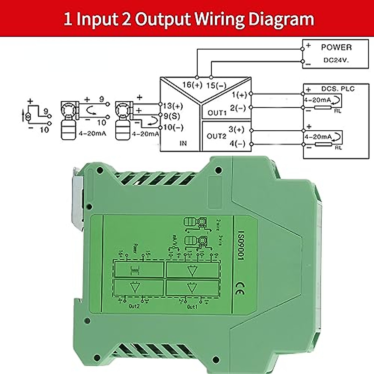 DC Conditioner, DC 24V DC Current Isolator Transmitter 4-20mA PLC Detect Conditioner(1 in 2 Out, 4-20mA to 4-20mA)