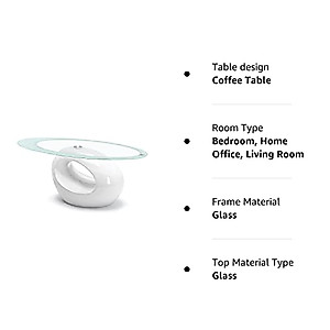 Modern White Glass Coffee Table for Living Room, with Glass Top & Glossy Solid Base for Storage, Sofa Side Central Table, Oval Glass Table Set for Living Room, Sitting Room