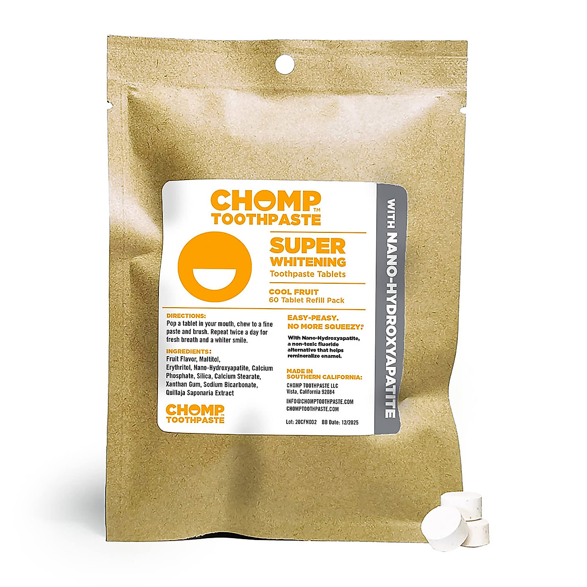 Chomp Super Whitening Cool Fruit Toothpaste Tablets with Nano Hydroxyapatite Refill