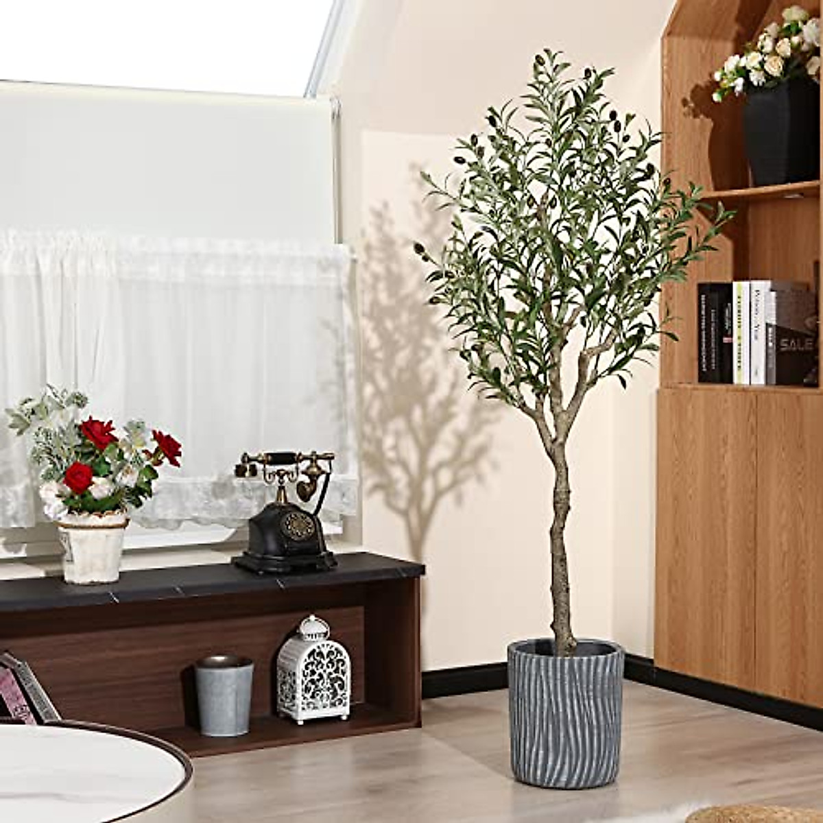 Dr.Planzen Artificial Olive Tree,5FT Tall Fake Plant Faux Olive Plants for Indoor,Natural Fake Tree,Artificial Silk Plants for Office Home Living Room Floor Patio Greening Porch Decor,Set of 1