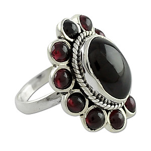 NOVICA Artisan Handmade Garnet Cocktail Ring Floral Jewelry Sterling Silver Red India Bollywood Birthstone [crownbezel 1 in L x 0.8 in W x 0.4 in H Band Width 3 mm W] ' Scarlet Petals'