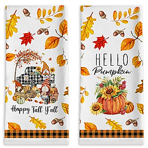 Bonsai Tree Fall Hand Towels Bathroom, Autumn Pumkins Gnomes Kitchen Towels 18”x28”, Buffalo Plaid Truck Maple Leaves Seasonal Dish Tea Towel Housewarming Gifts Decor for New Home Sets of 2