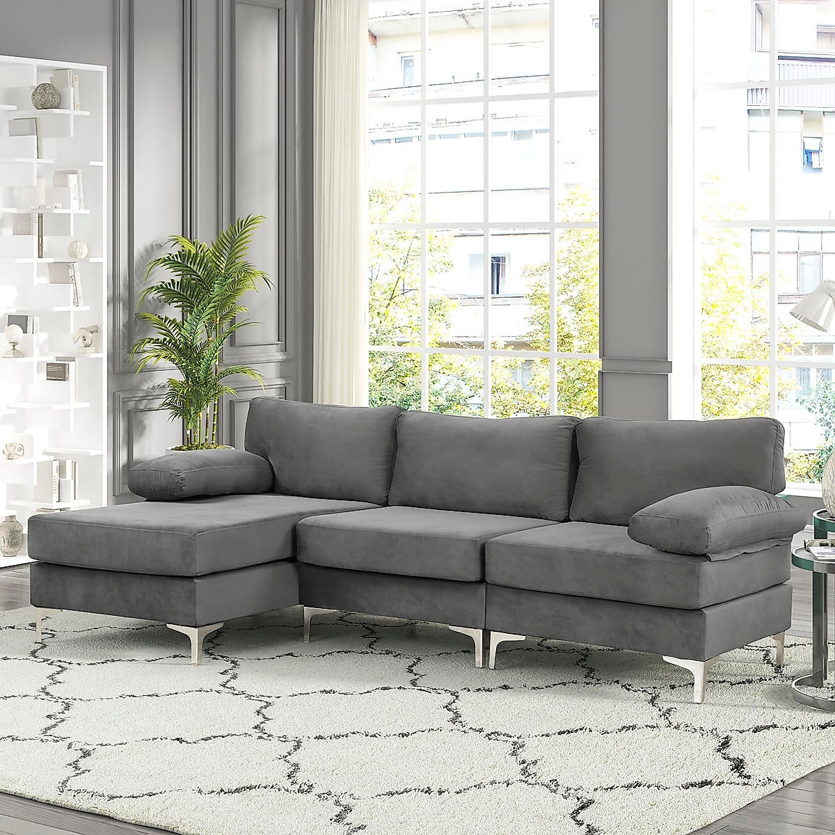 Casa Andrea Milano Modern Velvet Fabric Sectional Sofa, L-Shape Couch with Extra Wide Chaise Lounge