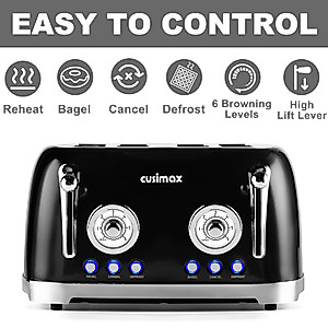 CUSIMAX Toaster 4 Slice, Retro Toaster with Wide Slots for Bagels, Stainless Steel Toaster with 6 Toast Settings, Bagel, Cancel, Defrost & Reheat Functions, Dual Independent Control Panels, Black