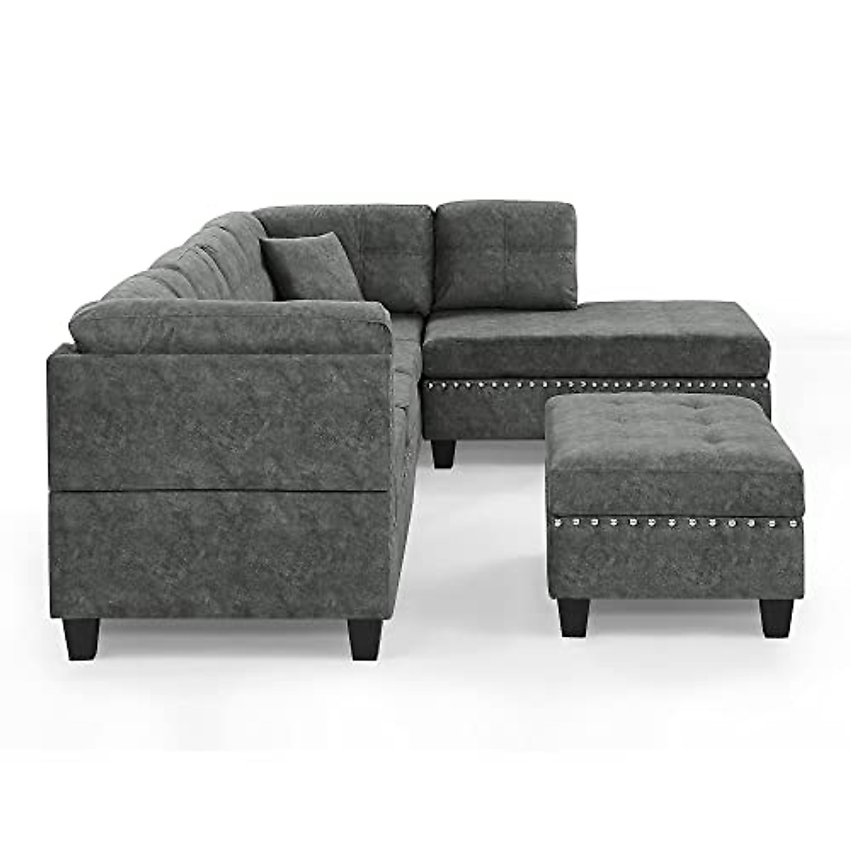Evedy Modern Sectional, Living Room Furniture Sets,L-Shaped Storage Ottoman,Couch with Nail-Head Trim,3-Seaters Sofa with Extra Wide Reversible Chaise and 2 Small Pillows, Grey Fabric