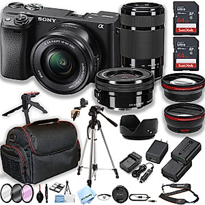 Sony a6400 Mirrorless Camera with16-50mm & 55-210mm Zoom Lenses + 2pcs 64GB Memory + Case+ Tripod + Steady Grip Pod + Filters + Macro + 2X Lens + 2X Batteries + More (38pc Bundle)