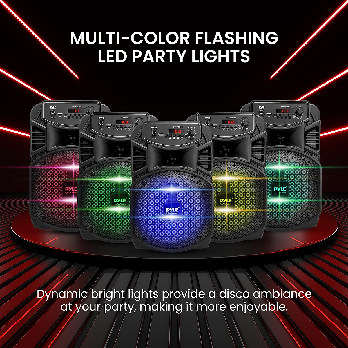 Pyle Portable Bluetooth PA Speaker System-300W Rechargeable Indoor/Outdoor Bluetooth Speaker Portable System w/ 8” Subwoofer 1” Tweeter, Microphone in, Party Lights, MP3/USB, Radio, Remote PPHP834B