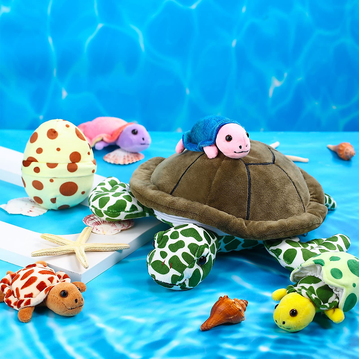 Aoriher 6 Pieces Plush Turtle Set 12 Inch Stuffed Sea Turtle Mom with 3 Little Plush Turtles and 2 Plush Turtle Eggs Soft Plush Stuffed Animal Toys Tortoise Hugging for Valentine's Day Party (Modern)