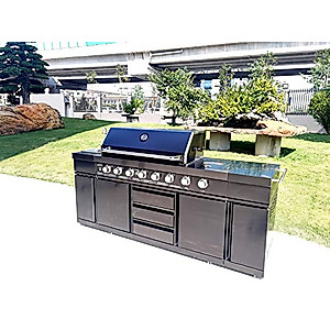 Black Stainless Steel 8 Burner 3 in 1 Island BBQ Outdoor Electric Grill Kitchen, Propane or Natural Gas, with Sink, Side Burner, LED Lights on Knobs, and Free Protective Grill Cover