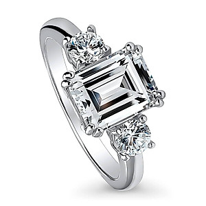 BERRICLE Sterling Silver 3-Stone Wedding Engagement Rings Emerald Cut Cubic Zirconia CZ Promise Ring for Women, Rhodium Plated Size 5.5