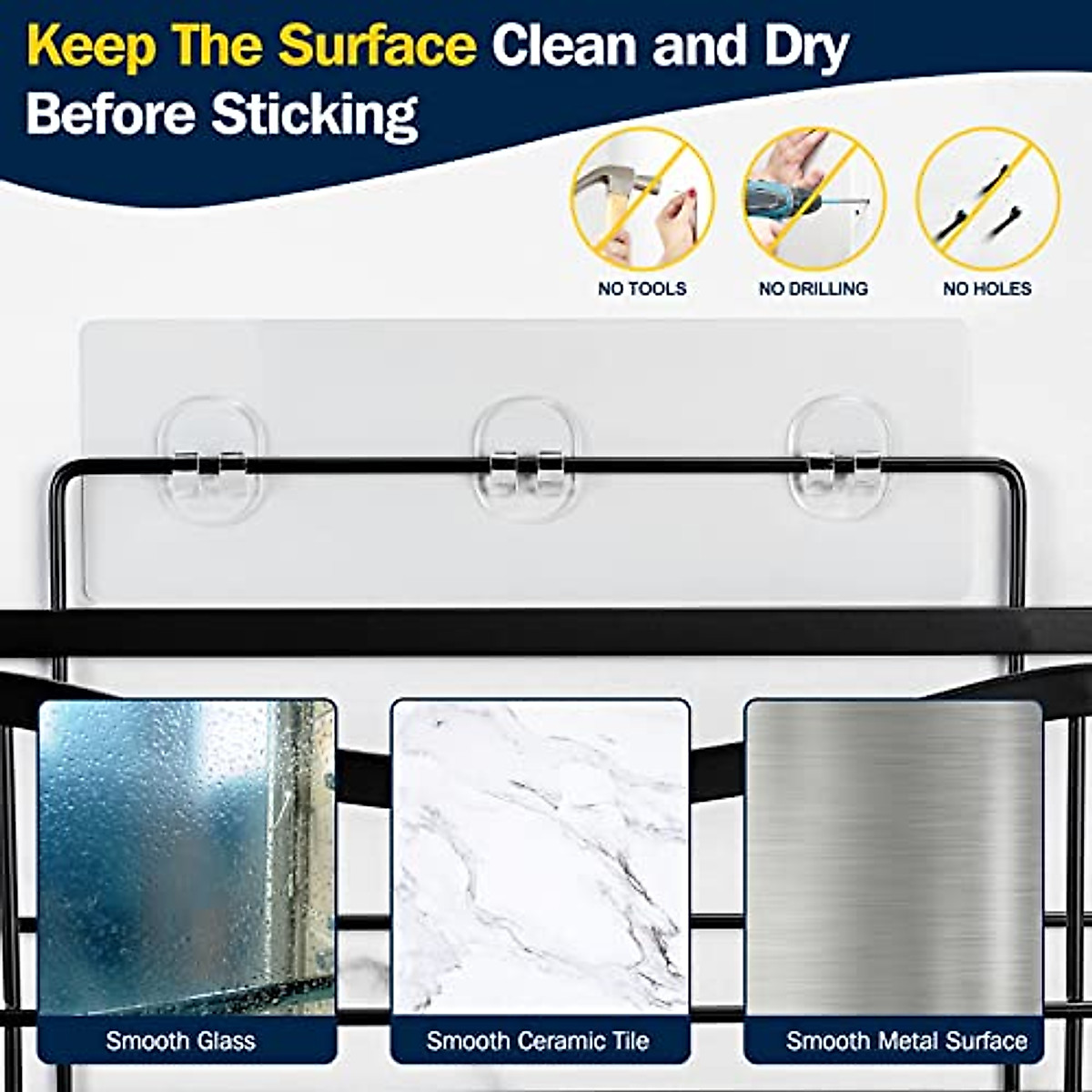 AOZITA 2 Pack, Large Adhesive Shower Caddy Shelves with 8 Hooks - Wall Hanging Bathroom Organizer Basket for Shower Room - Shower Racks for Inside Shower Storage - SUS304 Stainless Steel, Matte Black