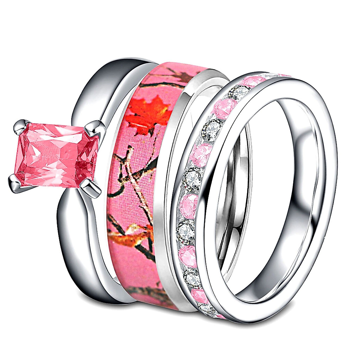 3 pieces Pink Women`s Stanless Steel Camo and Sterling Silver Tourmaline Engagement Wedding Rings Set (7)
