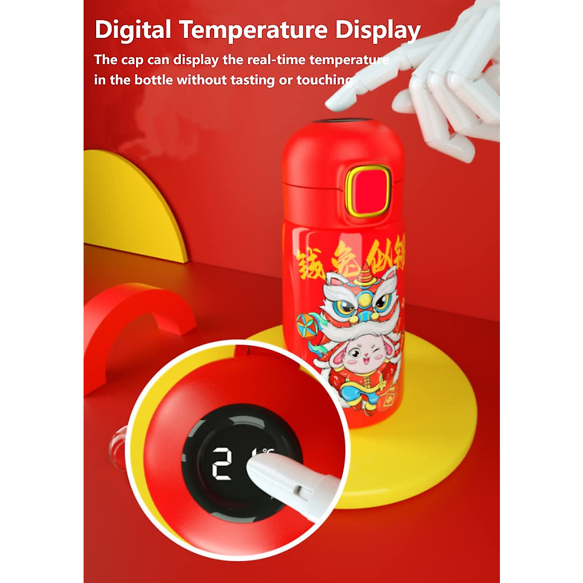 Chinese Red Water Bottle, Chinese Insulated Water Bottle, The Quick Flip 14oz Stainless Steel Thermos for Cold/Hot Beverages, Digital Temperature Display, Gift Packaging