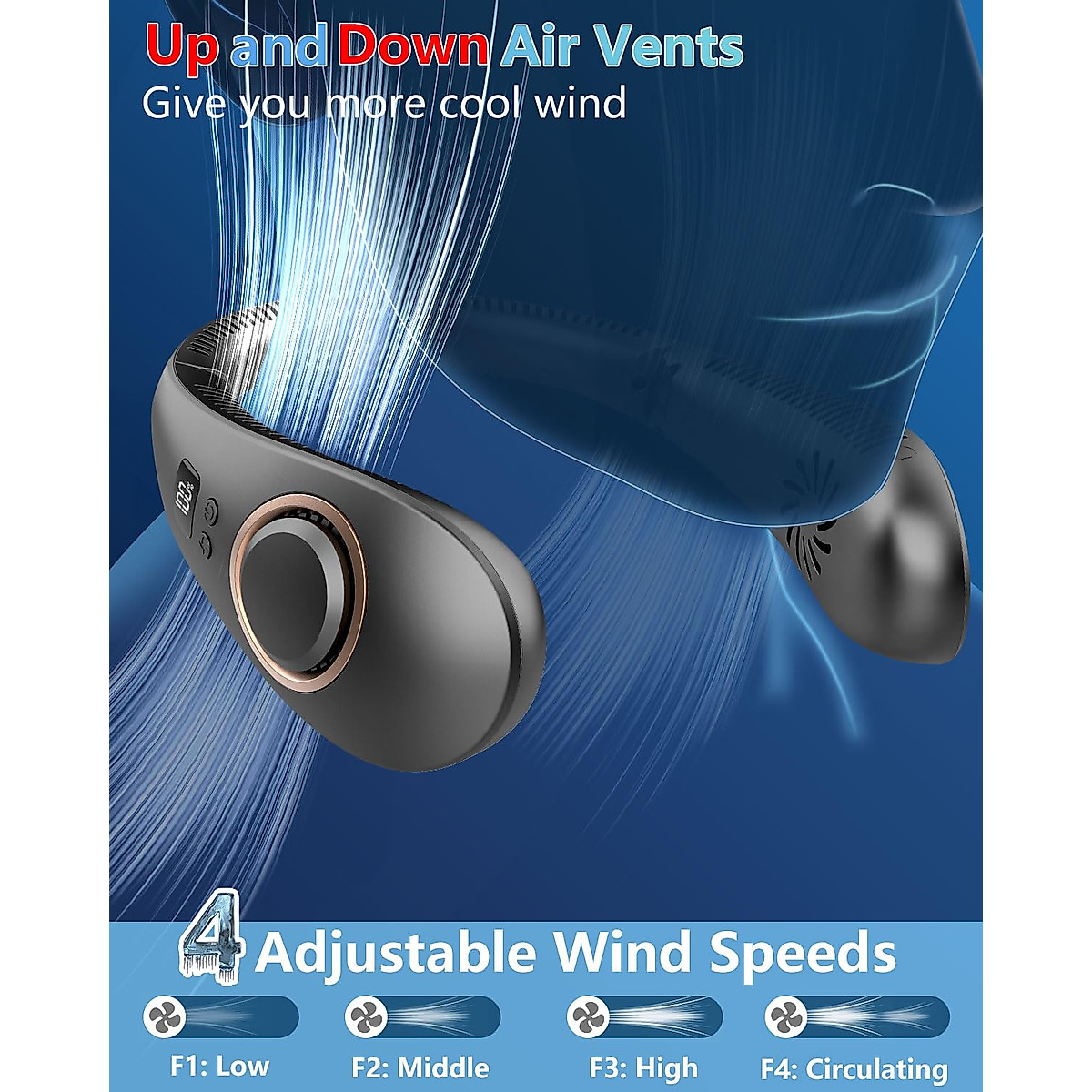 Portable Neck Fan-Neck Fans that Blow Cold Air,Folding Neck Fan Rechargeable With LED Display&4 Speeds,Indoor Outdoor Hanging Bladeless Battery Powered Cordless Quiet Face Personal Fan Neck Black