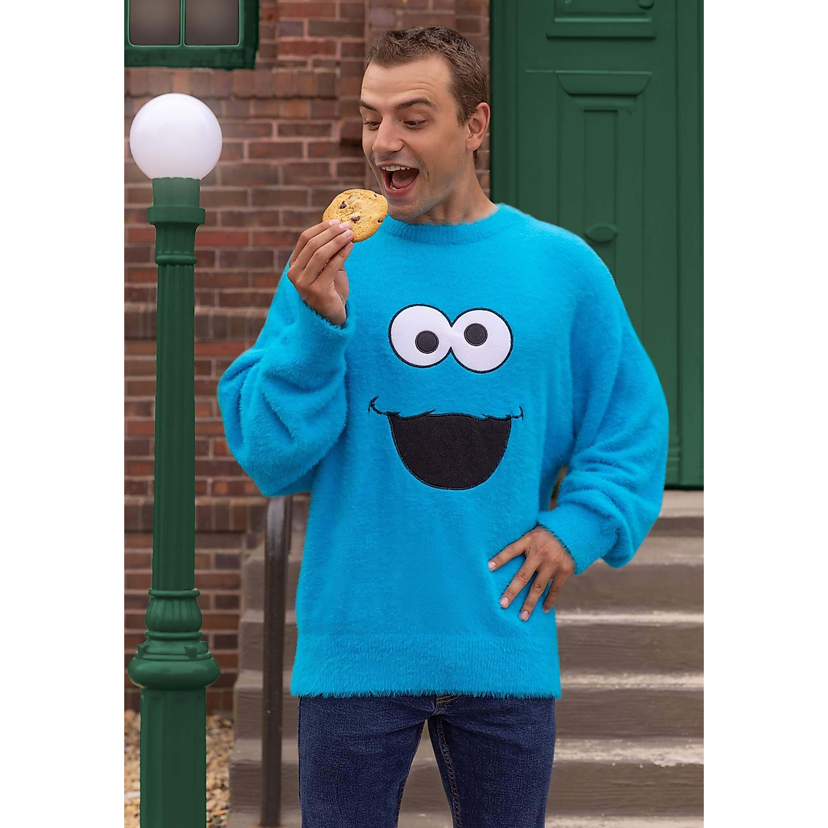 Fun Costumes Sesame Street Cookie Monster Fuzzy Oversized Sweater for Adults | Muppets Pullover Cosplay Clothing & Apparel L Blue