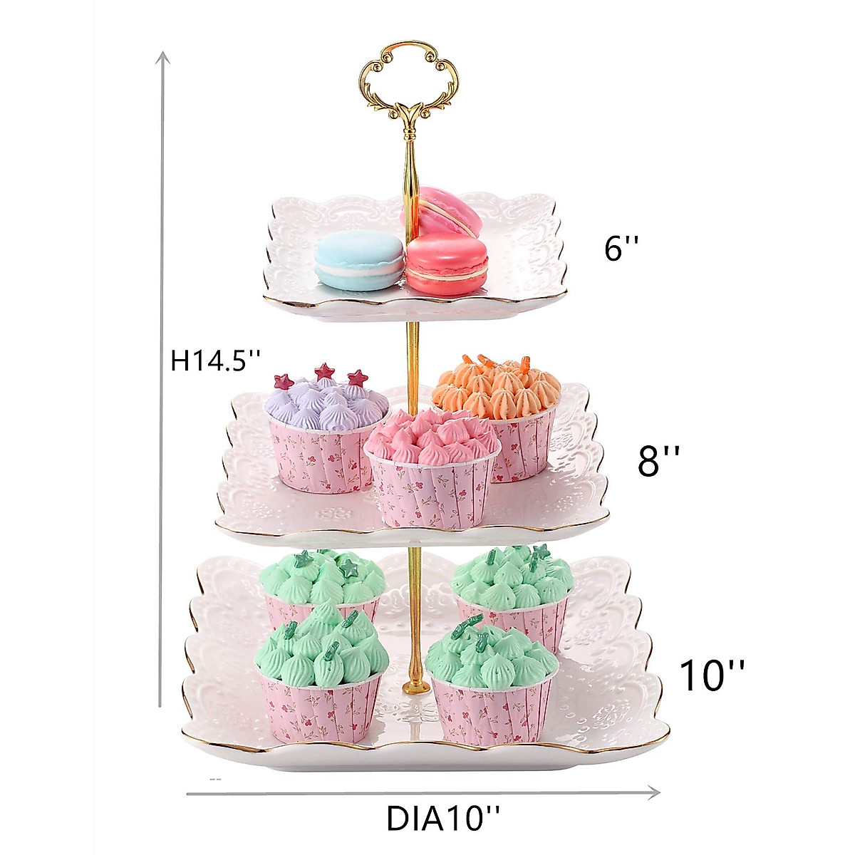 Sumerflos 3-Tier Square Porcelain Cake Stand, White Rimmed with Gold Embossed Cupcake Dessert Stand - Tiered Serving Tray for Tea Party and Show