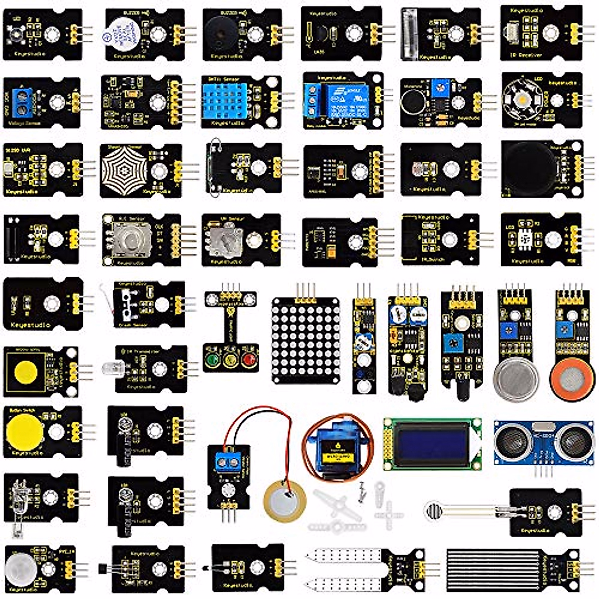 KEYESTUDIO 48 Sensors Modules Starter Kit for Arduino with LCD, 5v Relay, Sound, LED Modules, Servo Motor, Motion, Pressure Sensor, Gas Sensor, etc.Programming for Beginners Adults Learning