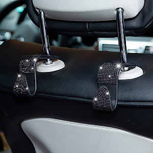 Moly Magnolia Bling Car Seat Headrest Hooks, 4PCS Handcrafted Rhinestones Seat Hanger Organizer for Handbag Purse Scarf, Universal for Cars, Auto Interior Accessories for Women Men (Black)